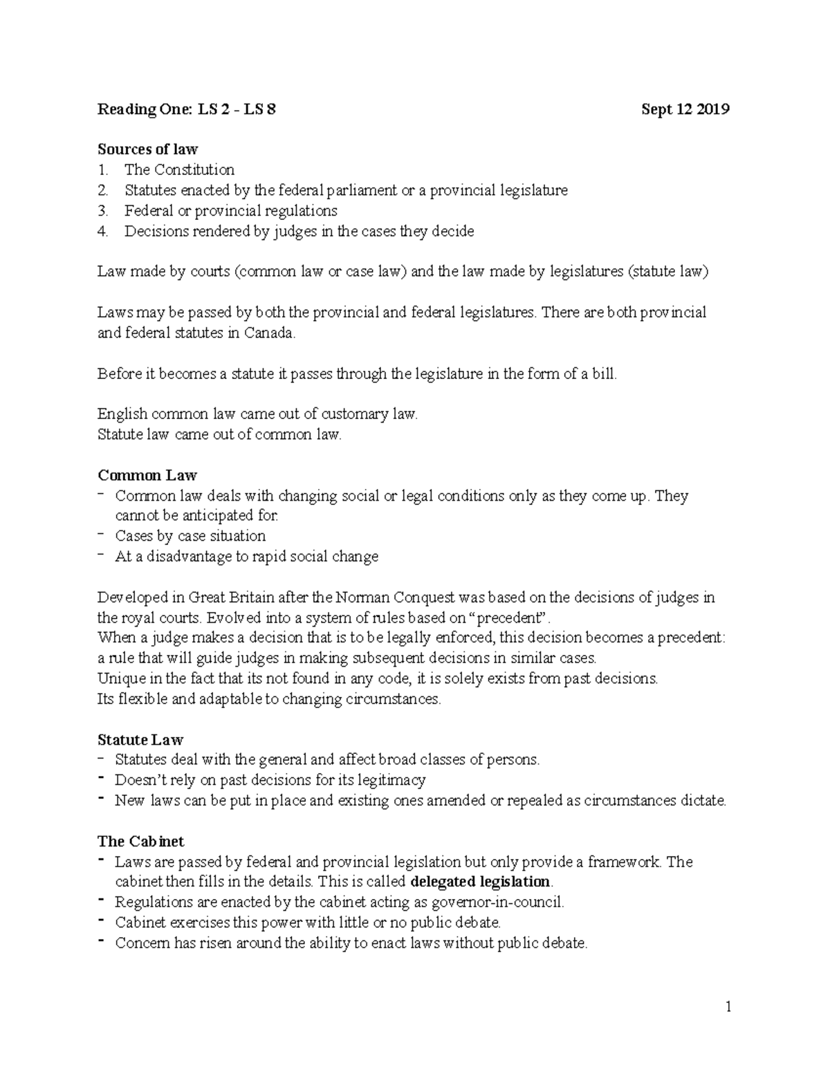 Law readings - Lecture notes 1-10 - Reading One: LS 2 - LS 8 Sept 12 ...