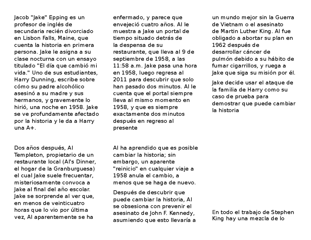 22 11 63 - resumen del libro titulado 22/11/63 - Jacob "Jake" Epping es ...