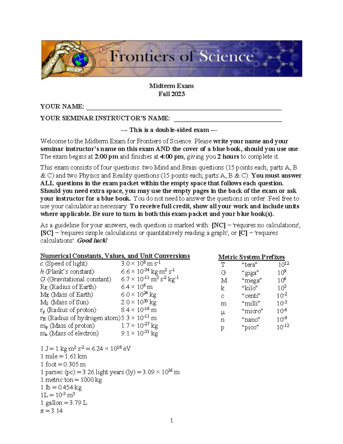 Midterm First TWO Pages Fall2023 - 1 Midterm Exam Fall 2023 YOUR NAME ...