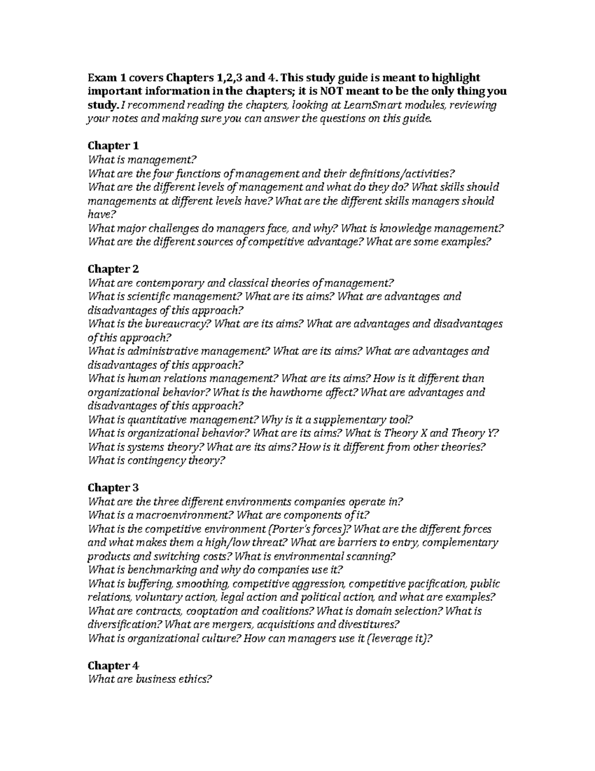 Study Guide Exam 1 - Exam 1 covers Chapters 1,2,3 and 4. This study ...