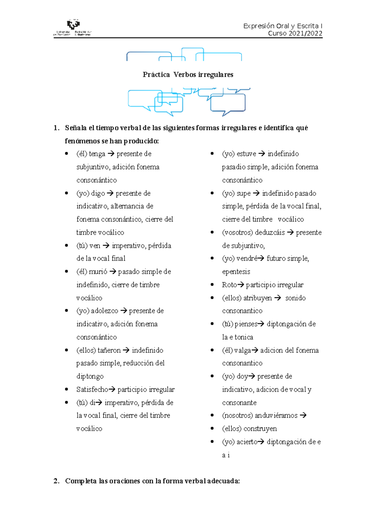 Práctica Verbos irregulares - Expresión Oral y Escrita I Curso 2021 ...