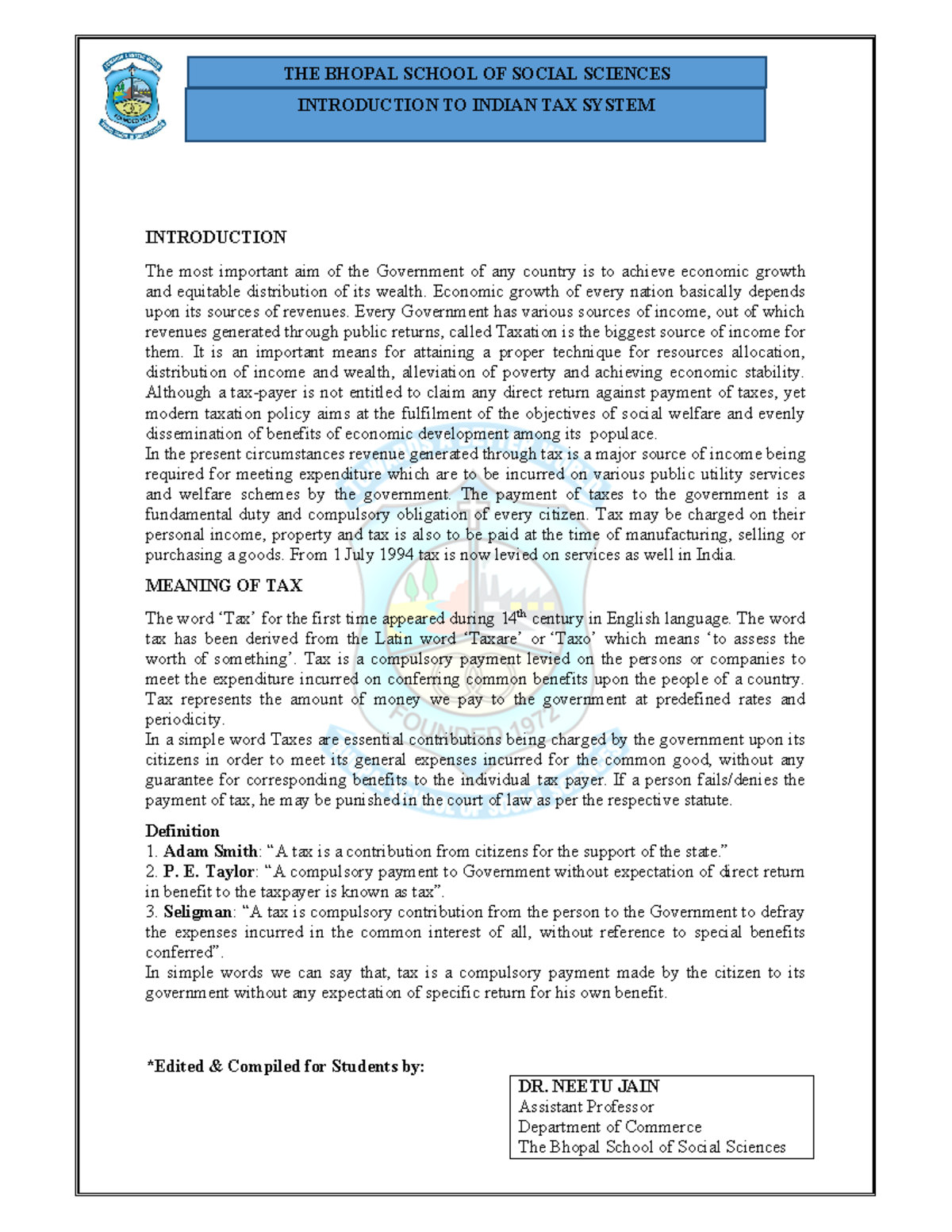 Unit1 Intro - Income TAX notes - *Edited & Compiled for Students by: DR ...