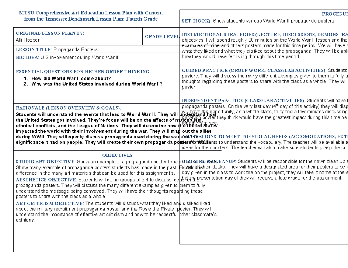 Lesson Plan on War Efforts involving Art - ART 3200 - MTSU - Studocu