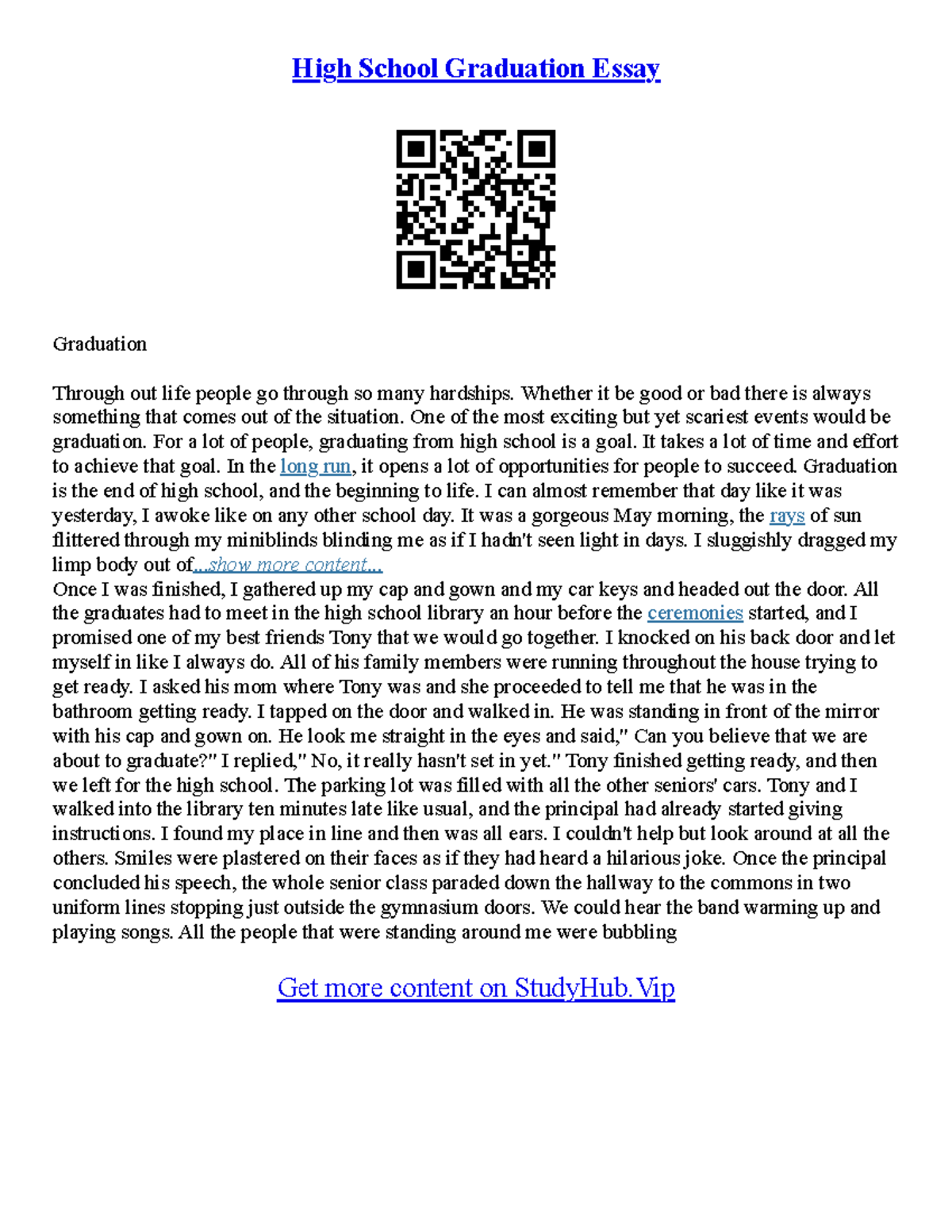 Sample Essays For Secondary School - High School Graduation Essay ...