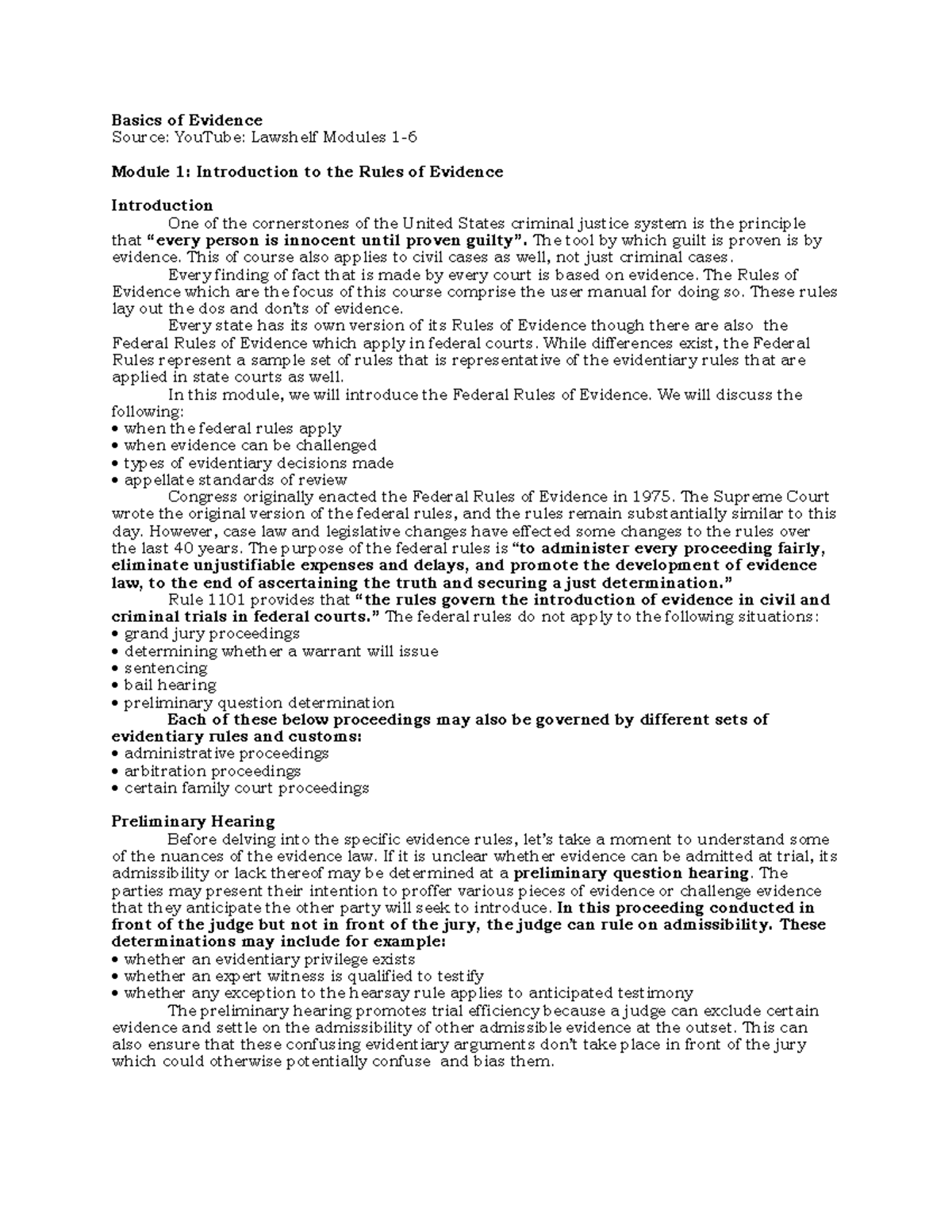 Evidence Compiled Notes - Basics of Evidence Source: YouTube: Lawshelf ...