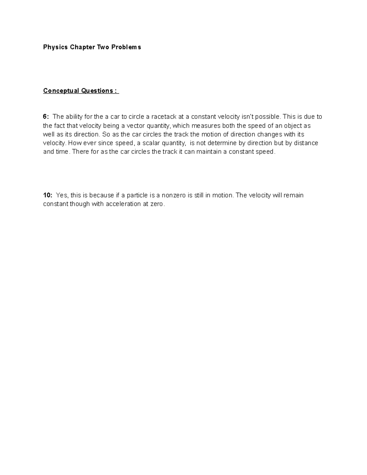 Physics Week 2 problem set - Physics Chapter Two Problems Conceptual ...