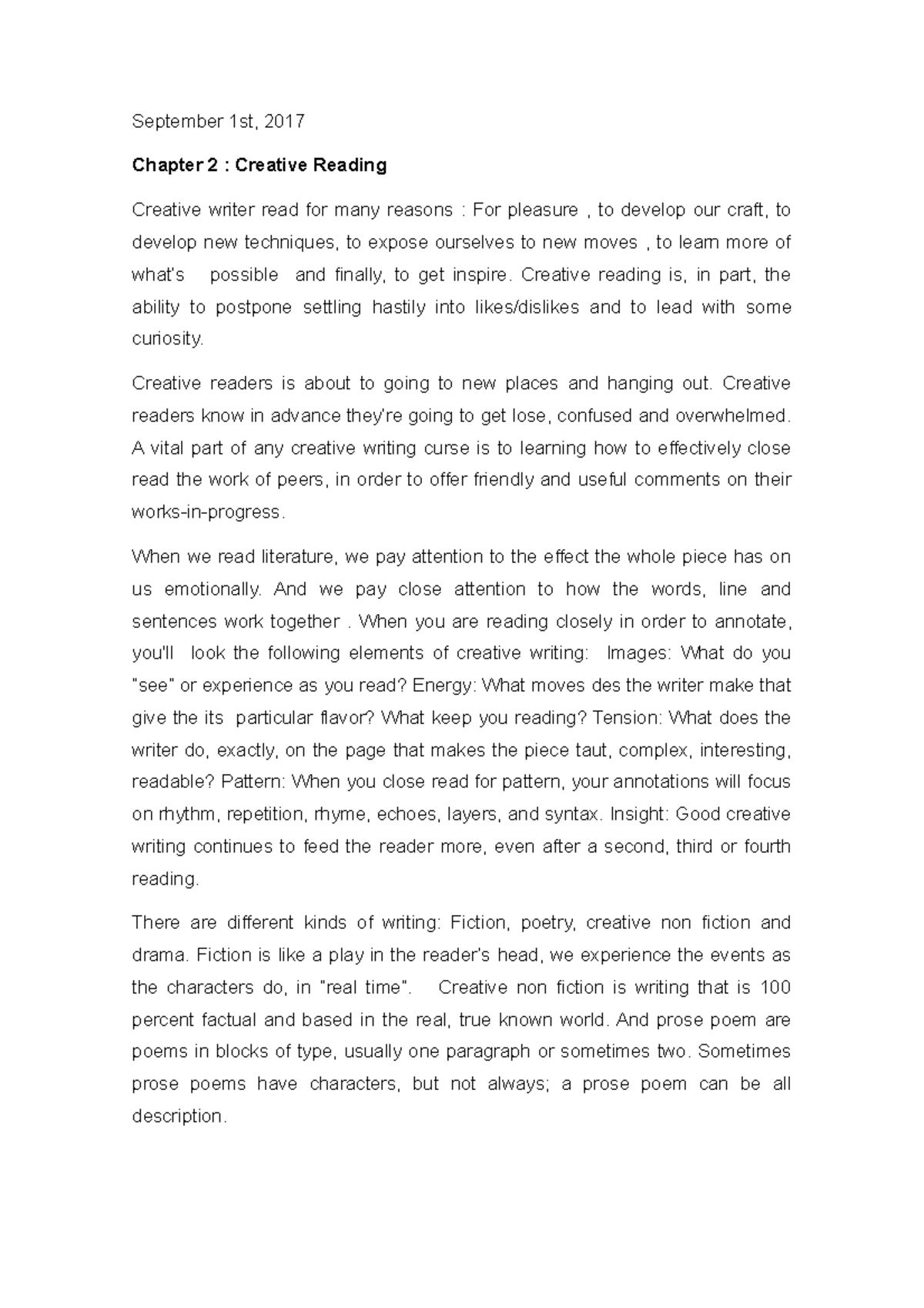 Escritura Creativa - CH2 Creative Reading - September 1st, 2017 Chapter ...