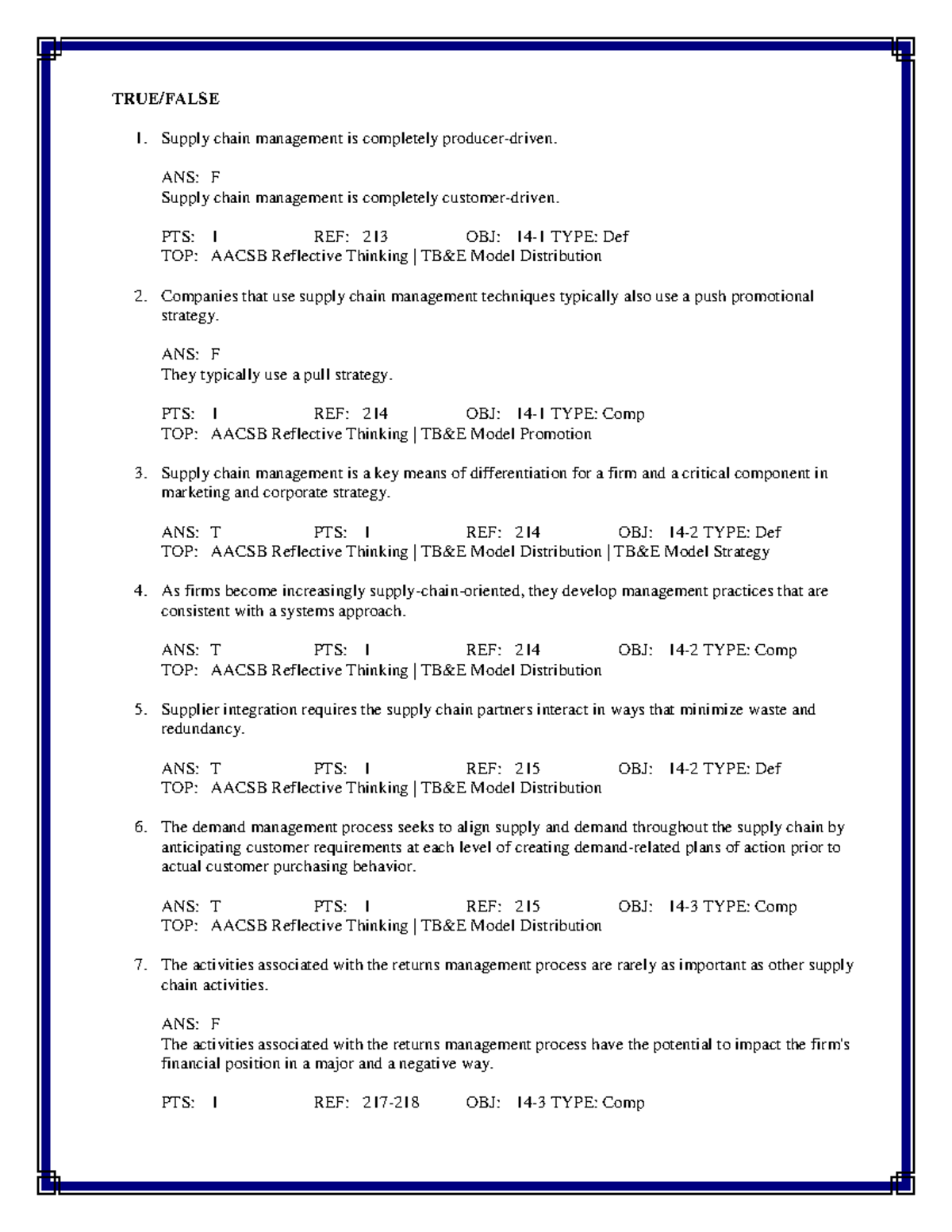 Chapter 14—Supply Chain Management-True and False - TRUE/FALSE Supply ...