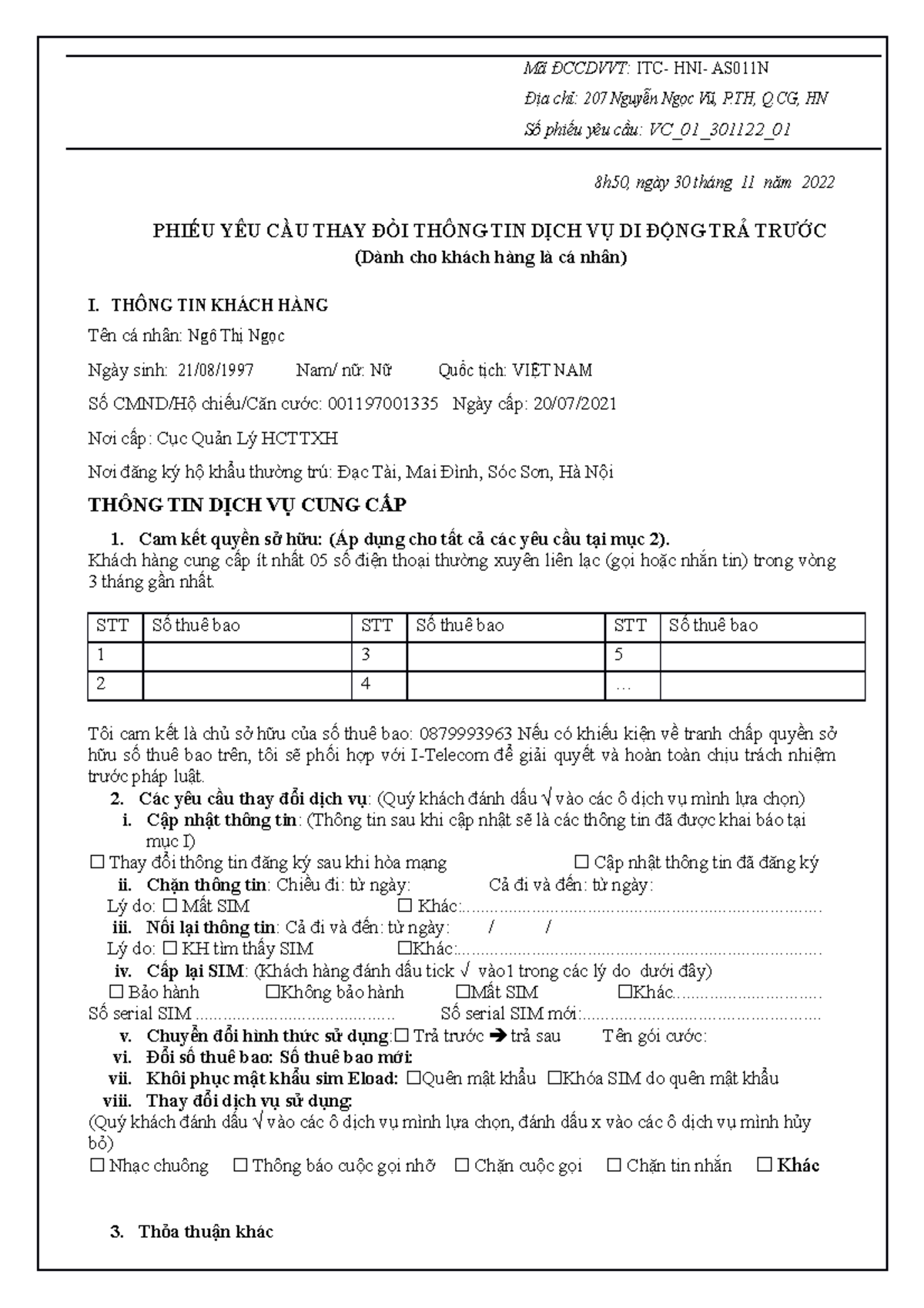 04.Phiếu YC thay đổi TTTB - hn - Mã ĐCCDVVT: ITC- HNI- AS011N Địa chỉ ...