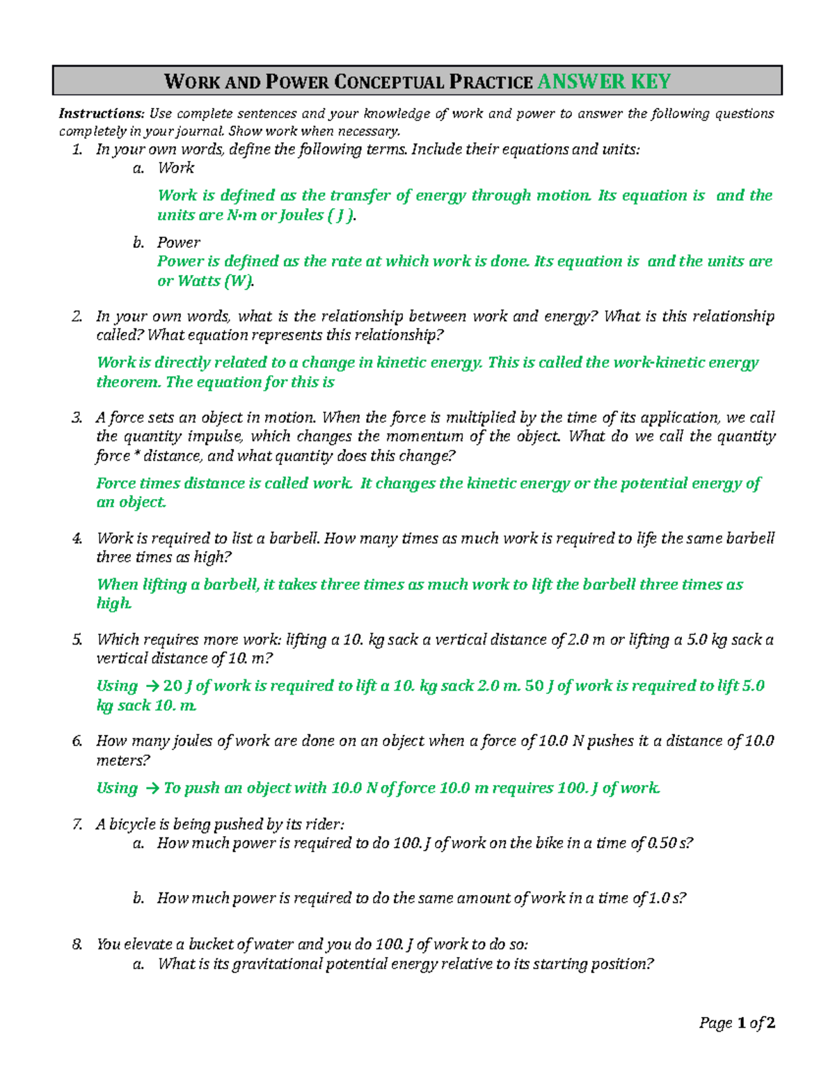 Work and power concepts key - WORK AND POWER CONCEPTUAL PRACTICE ANSWER ...