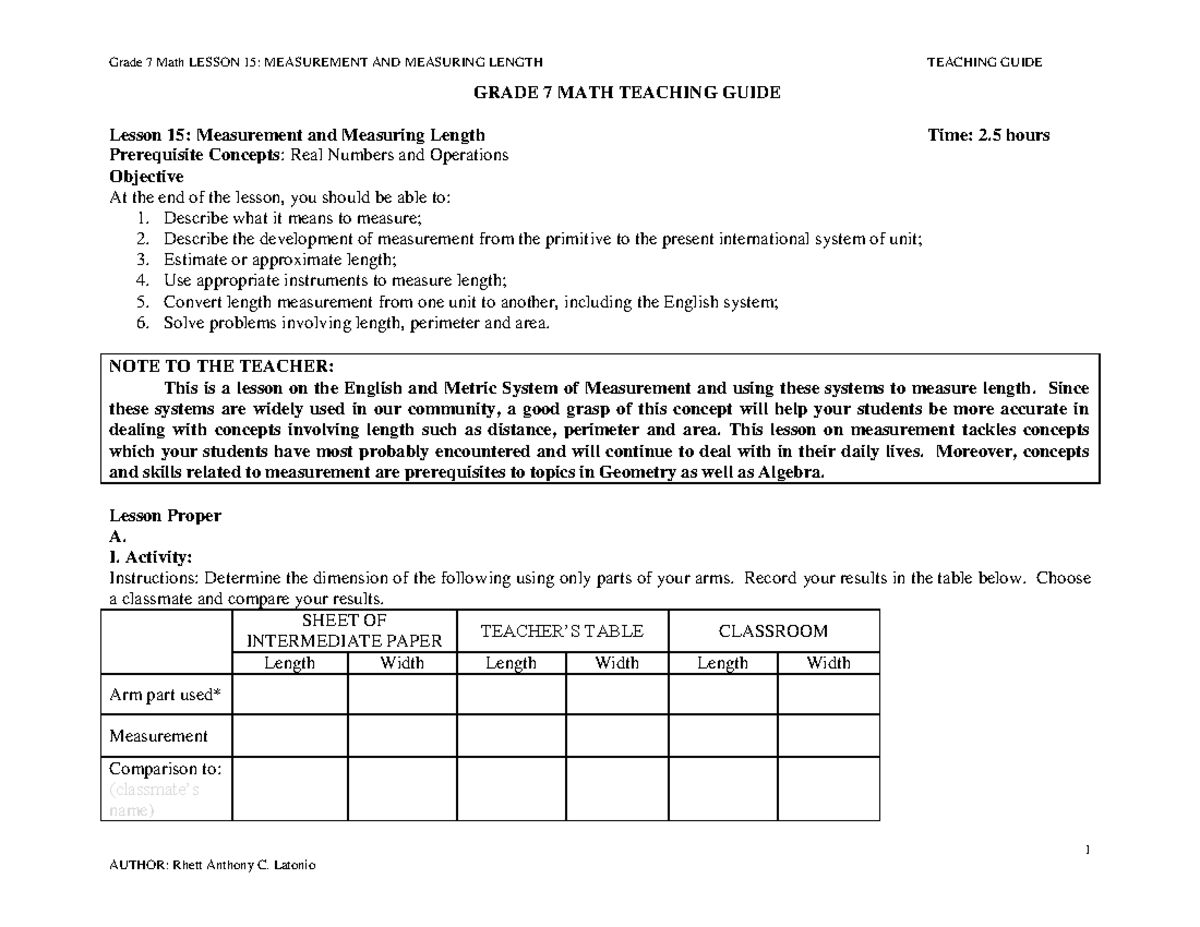Measuring length final tg - 1 GRADE 7 MATH TEACHING GUIDE Lesson 15 ...