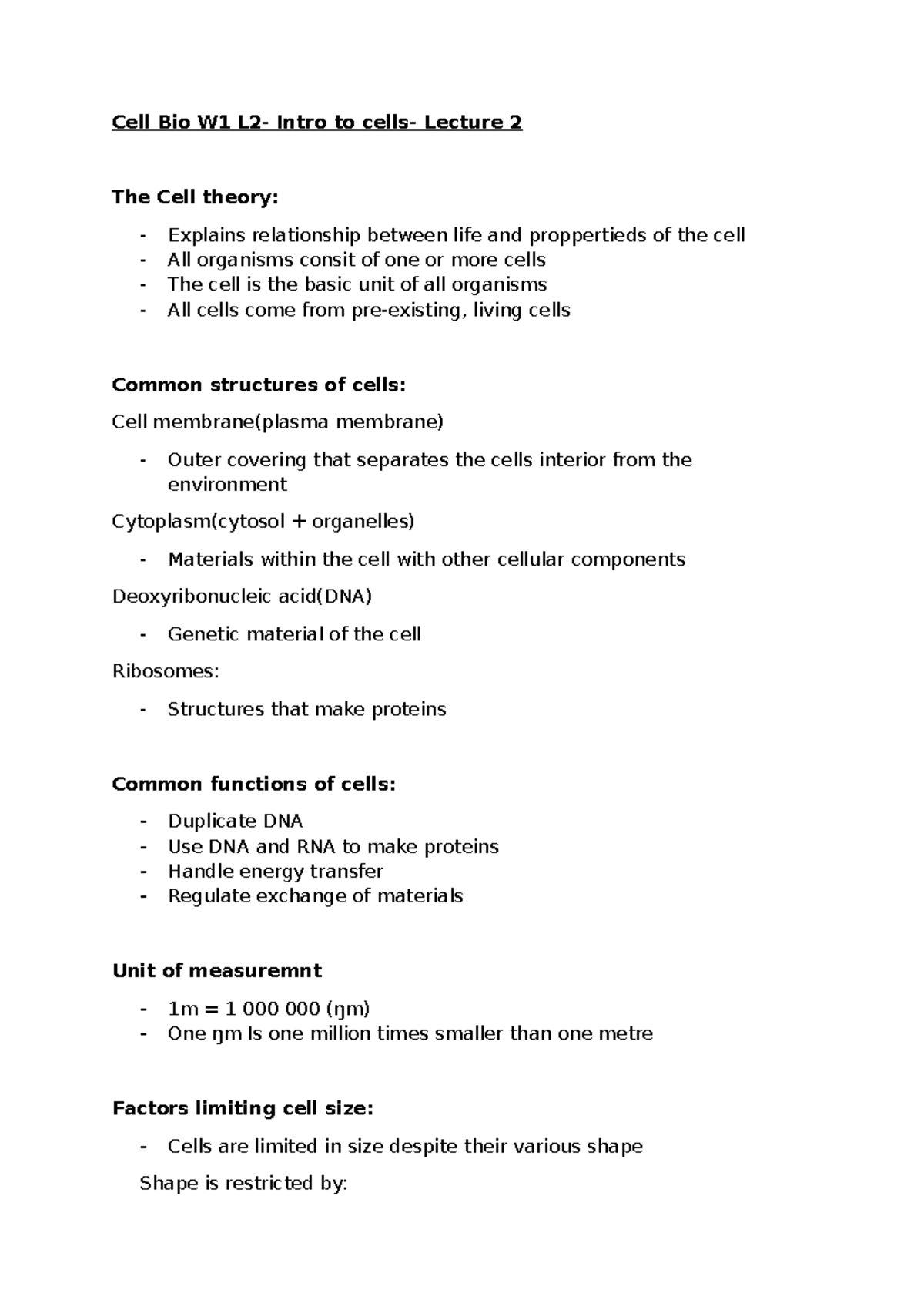 Cell Bio W1 L2- L2 - Lecture notes - Cell Bio W1 L2- Intro to cells ...