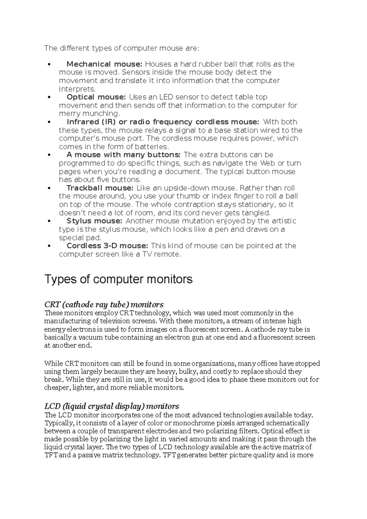 Microsoft Word notes - The different types of computer mouse are ...