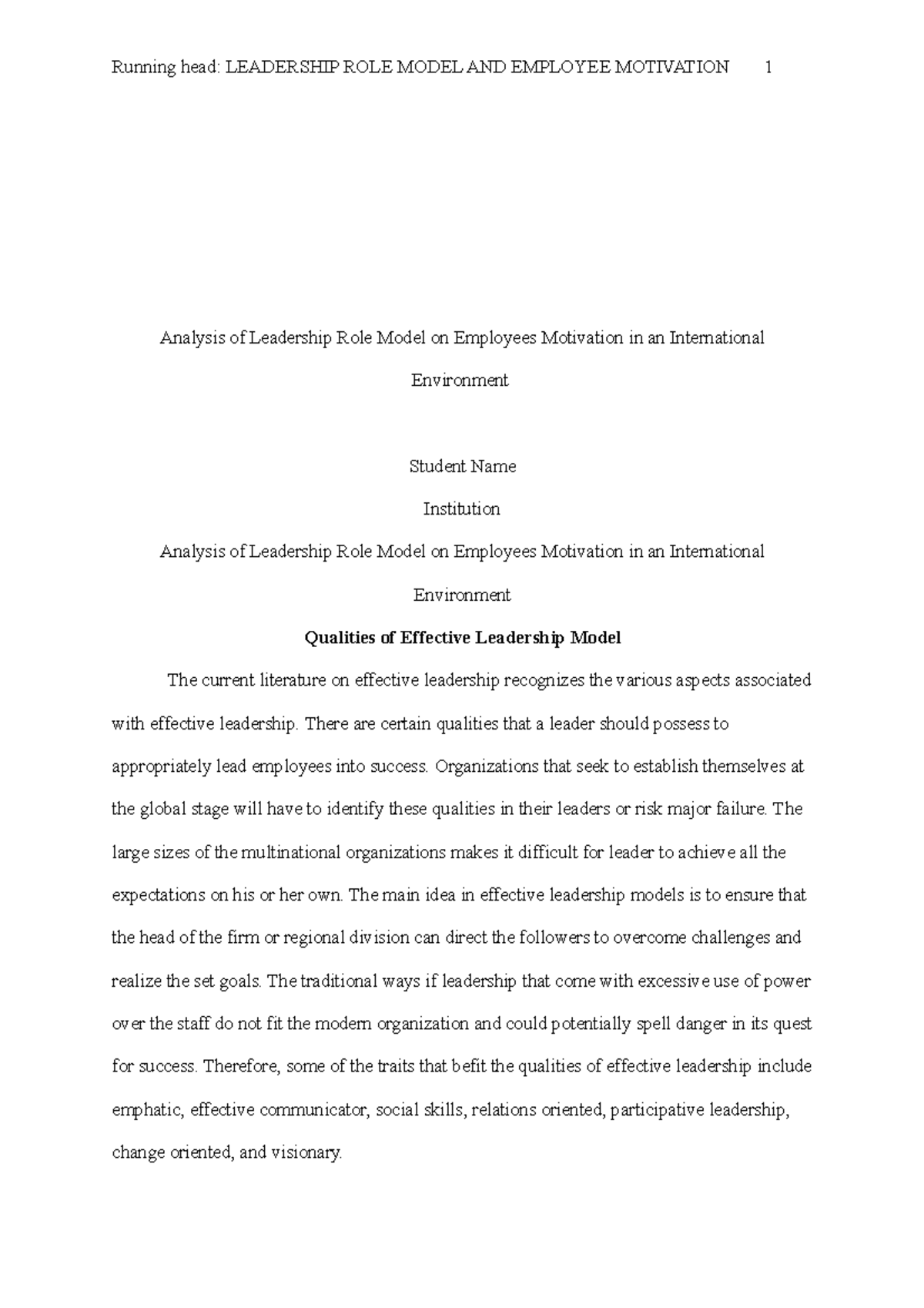 Effective Leadership-10pg - Running head: LEADERSHIP ROLE MODEL AND ...