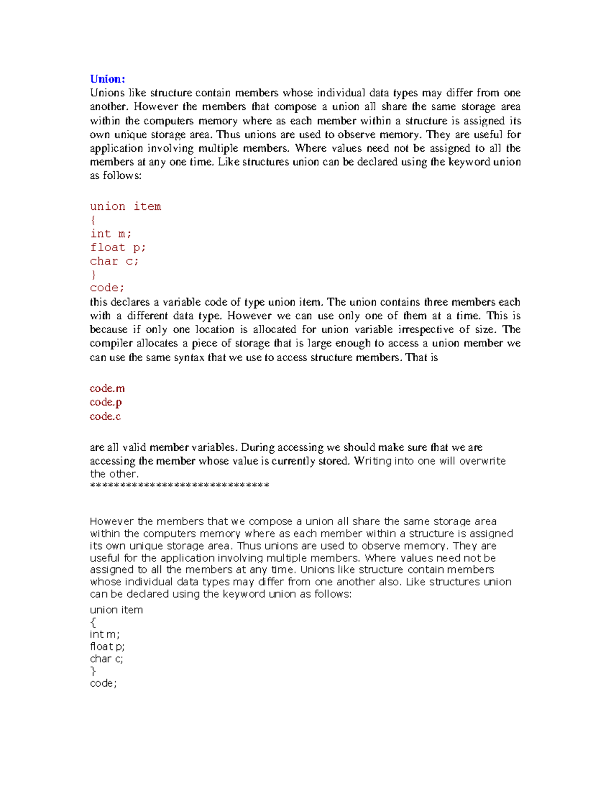 Union - Detailed theory notes - Union: Unions like structure contain ...