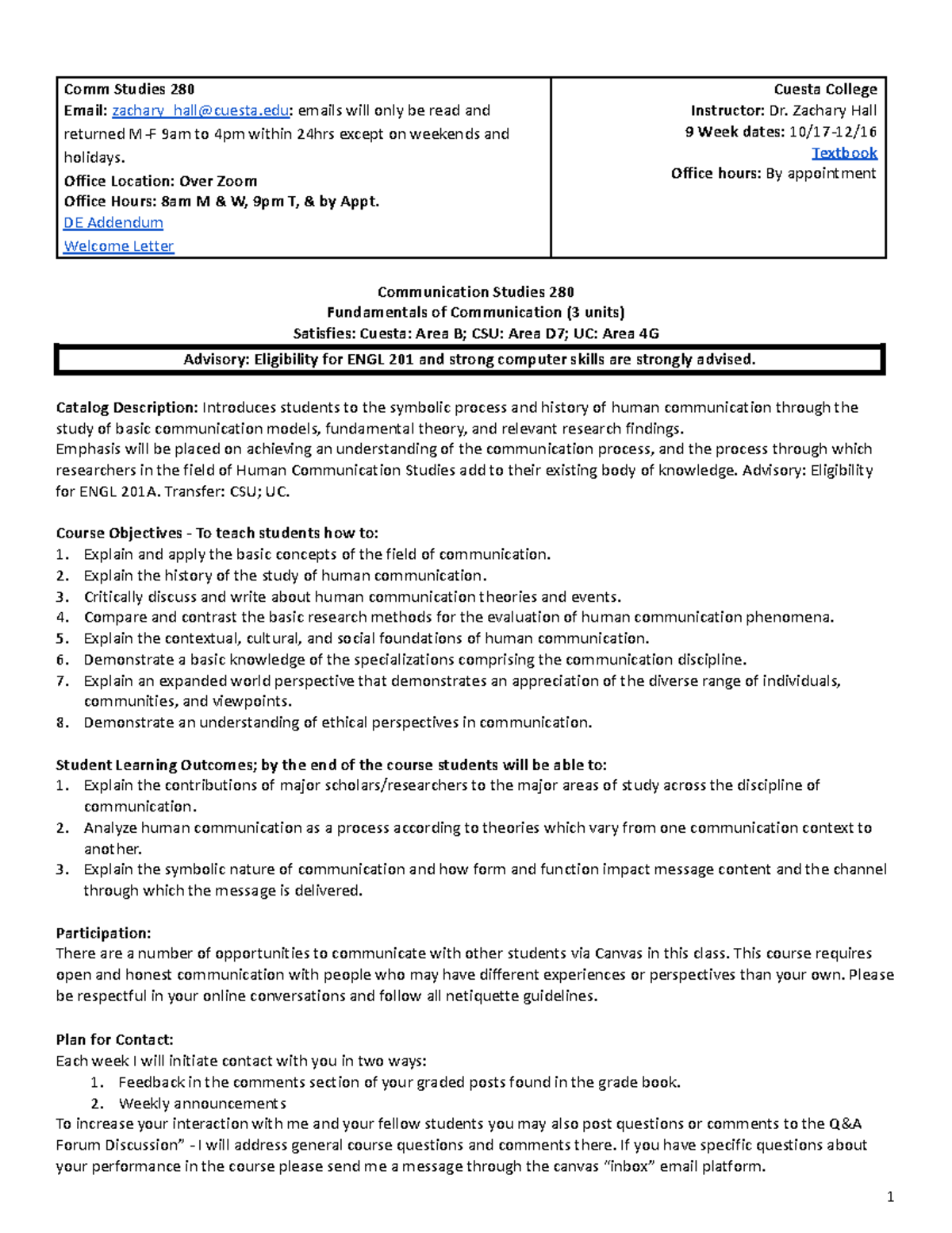 Fall 280 syllabus - ssdsd - Comm Studies 280 Email: zachary_hall@cuesta: emails will only be ...