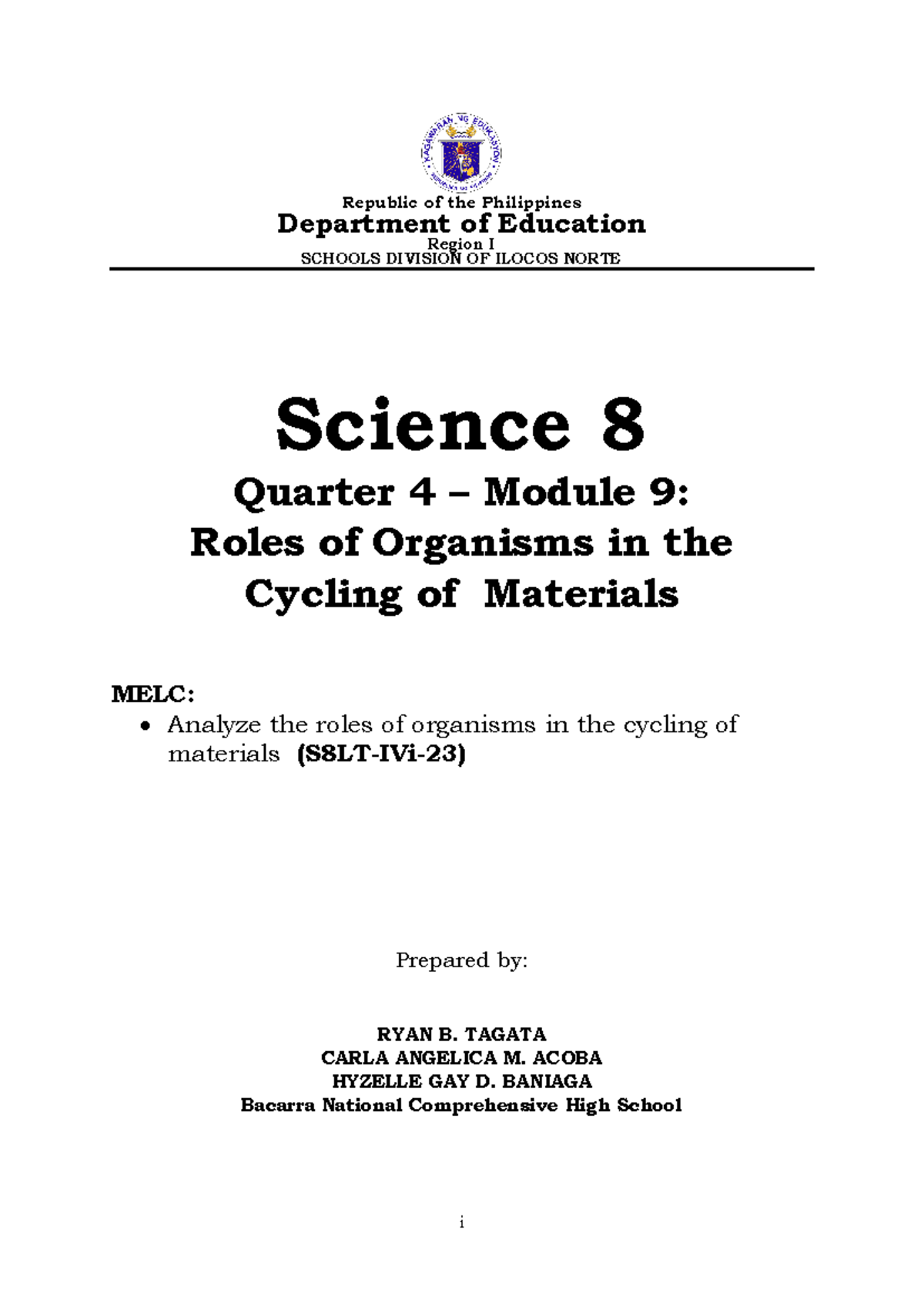 Science 8 Q4 Mod 9 Ryan Tagata Student COPY - i Republic of the ...