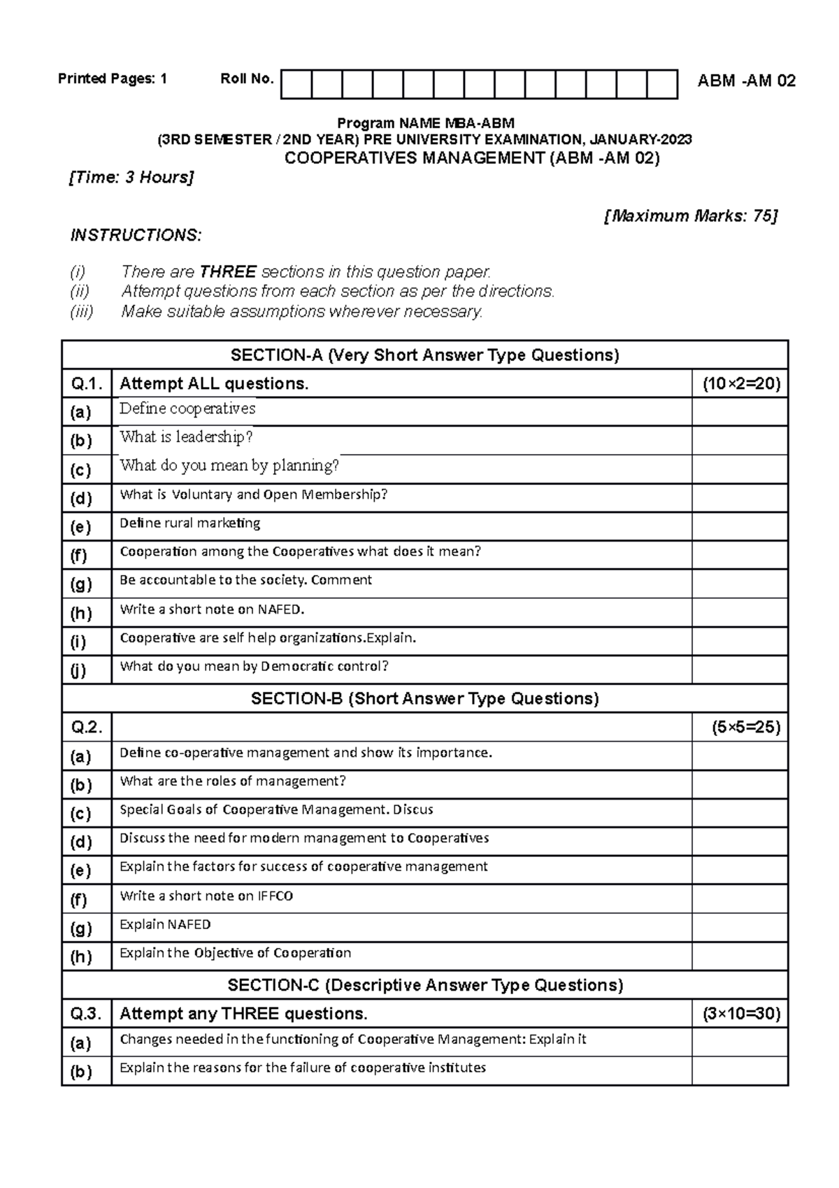 Sessional Paper ABM -AM 02 - Printed Pages: 1 Roll No. ABM -AM 02 ...