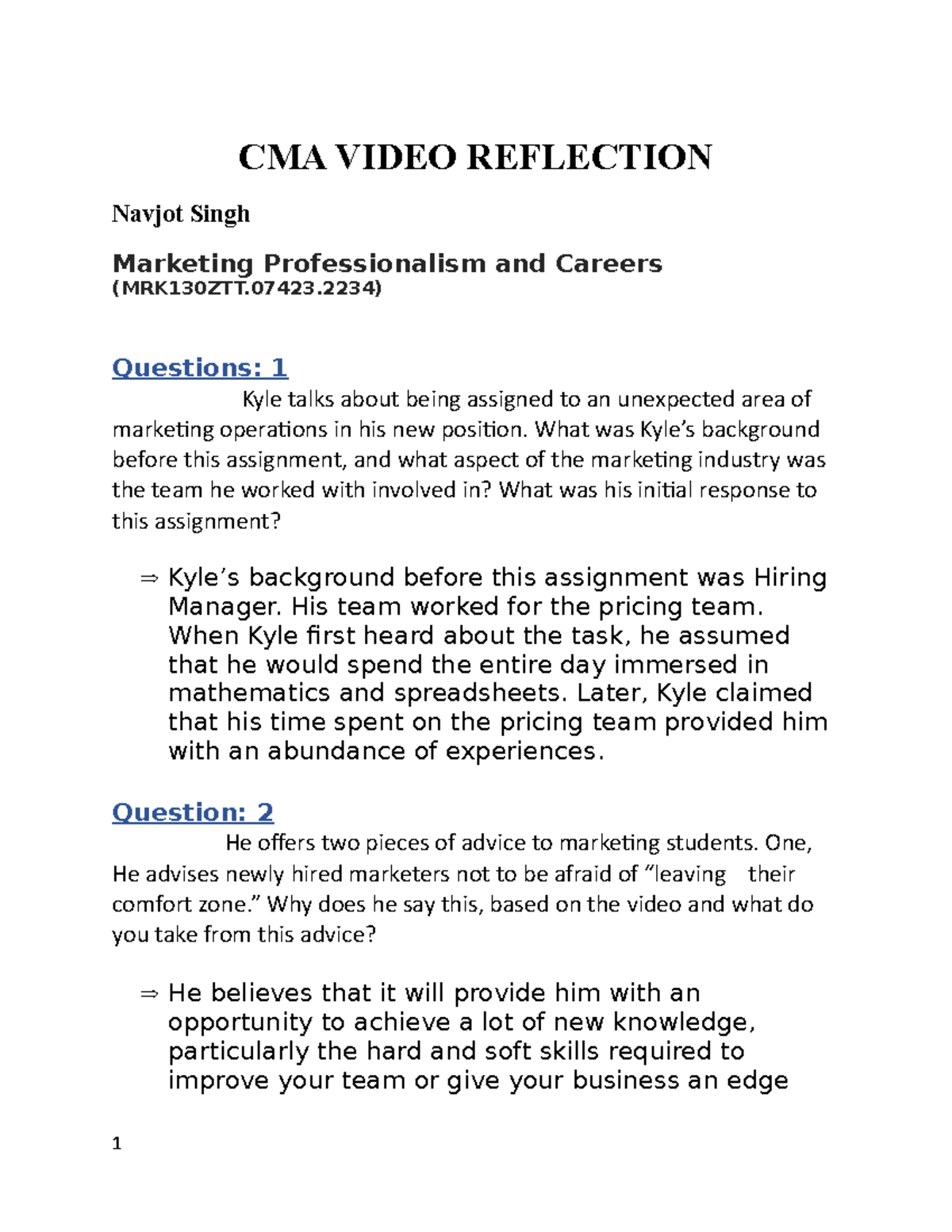 CMA Video Reflection - Solutions - CMA VIDEO REFLECTION Navjot Singh Marketing Professionalism ...
