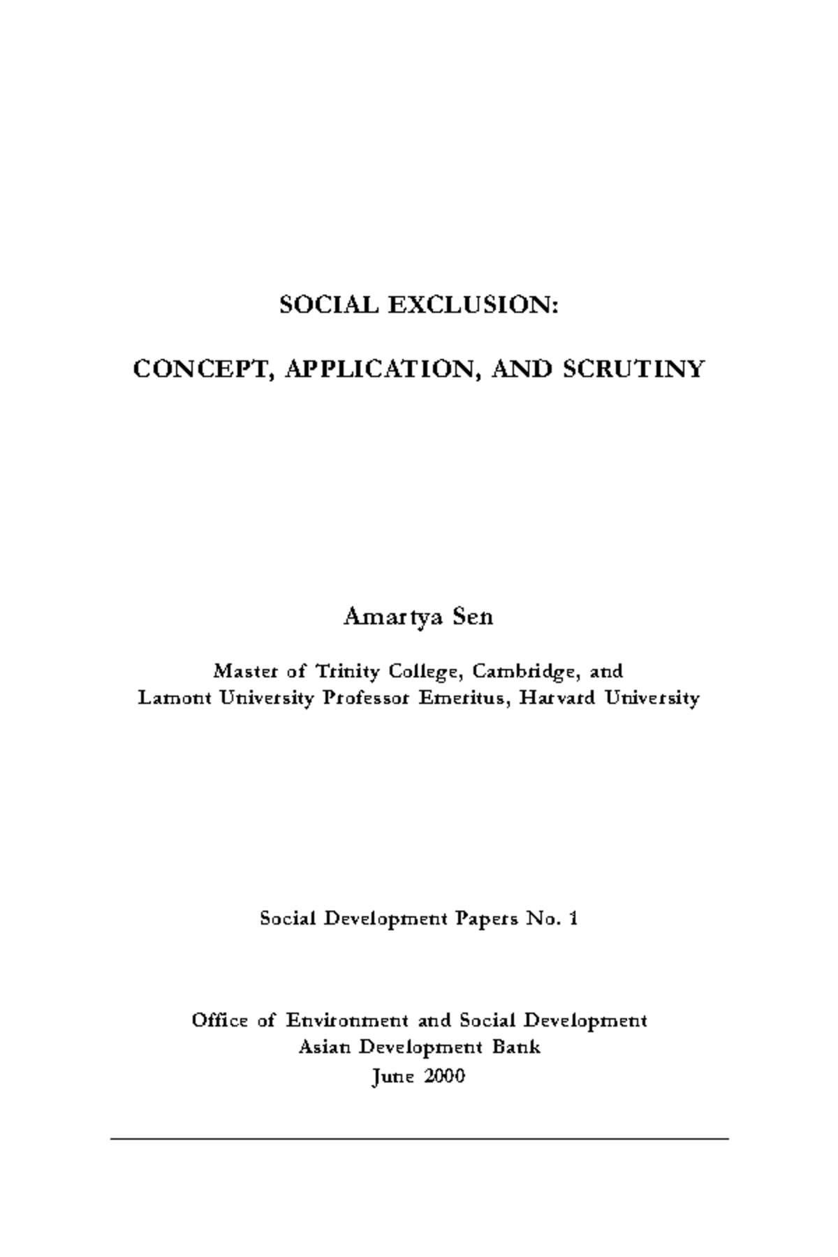 Social-exclusion - Amartya Sen's book and theory - i SOCIAL EXCLUSION ...