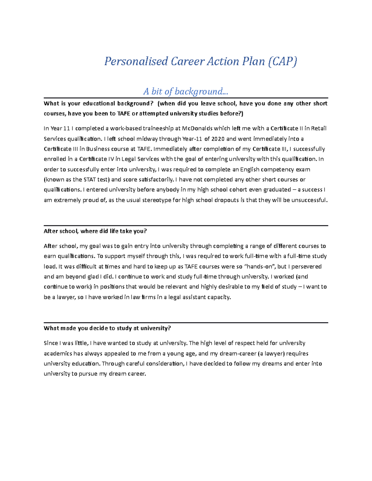WORK100 - Assignment 1 - HD - Personalised Career Action Plan (CAP) A ...