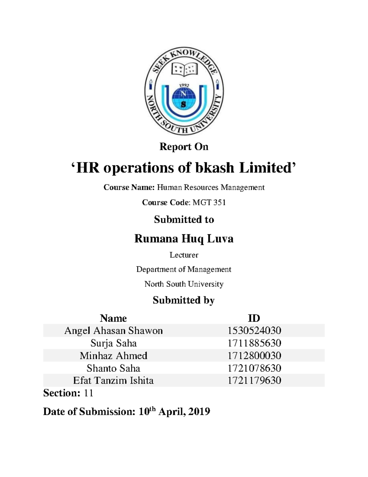 489680286 MGT351 Report pdf - Report On ‘HR operations of bkash Limited ...
