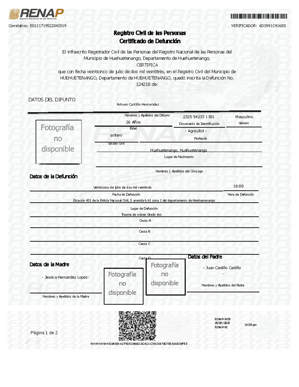 Certificado Defunción Página 1 De 2 Renap Web 25 07 Renap Pc 14 30
