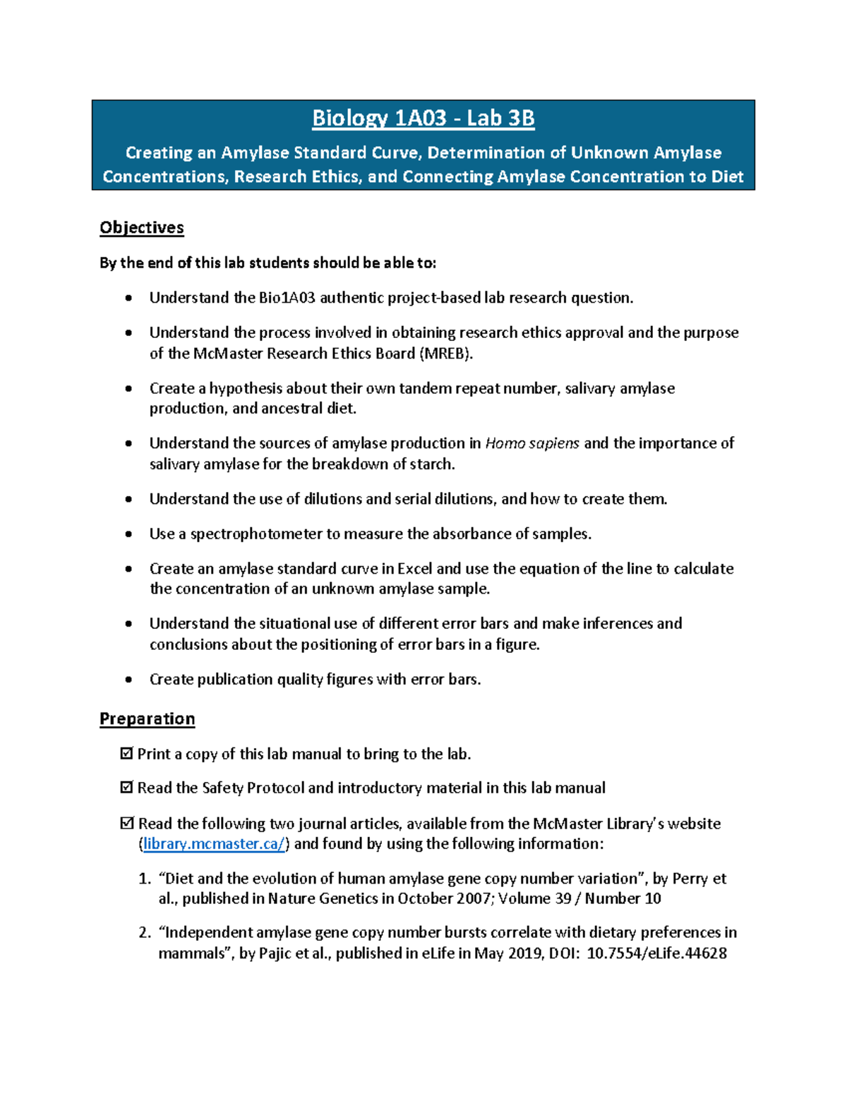 2021 Lab 3B manual - Biology 1A03 - Lab 3B Creating an Amylase Standard ...