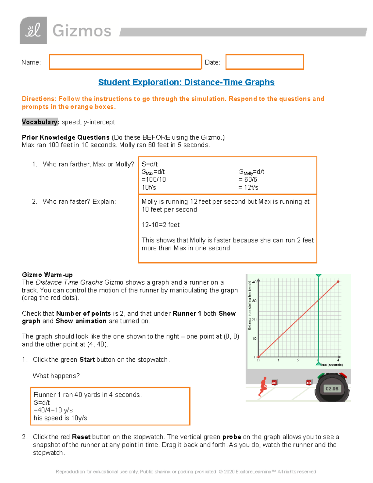Distance Time Gizmos Name Date Student Exploration Distance Time