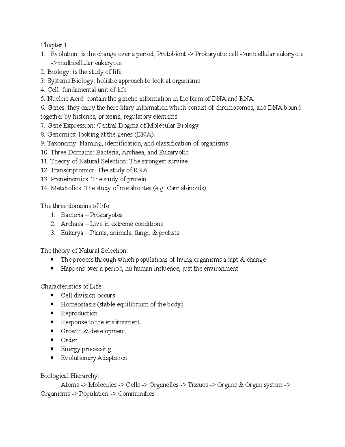 BIO Final Review - Chapter 1: Evolution: is the change over a period ...