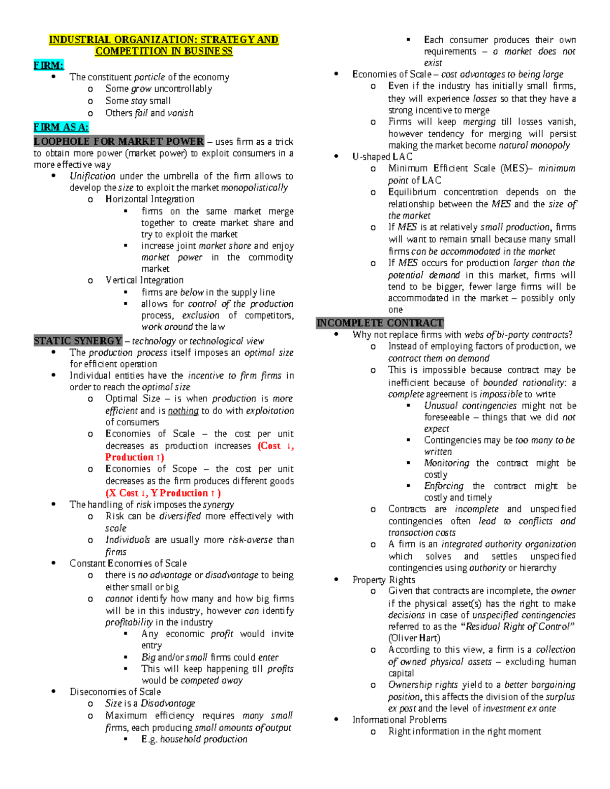 Notes Industrial Economics - INDUSTRIAL ORGANIZATION: STRATEGY AND ...