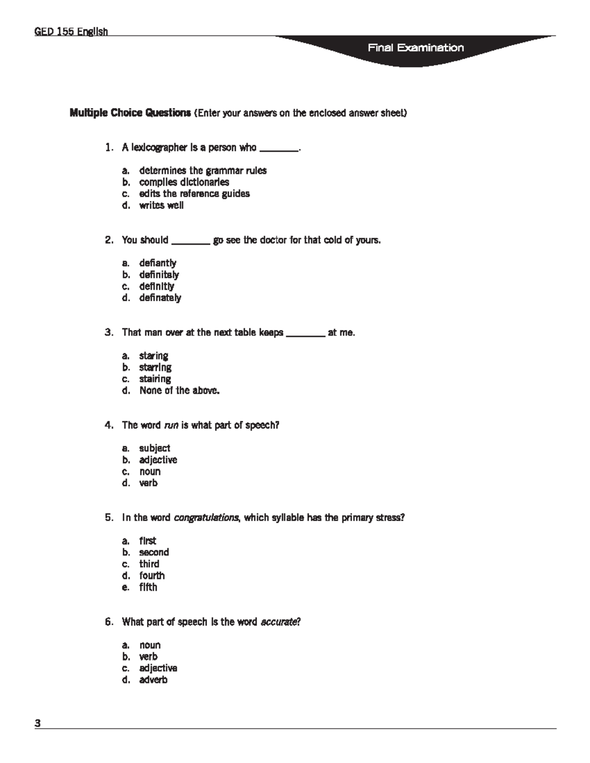 GED 155 English TEST Multi- Choice Questions AND Answers - EEC 2270 ...