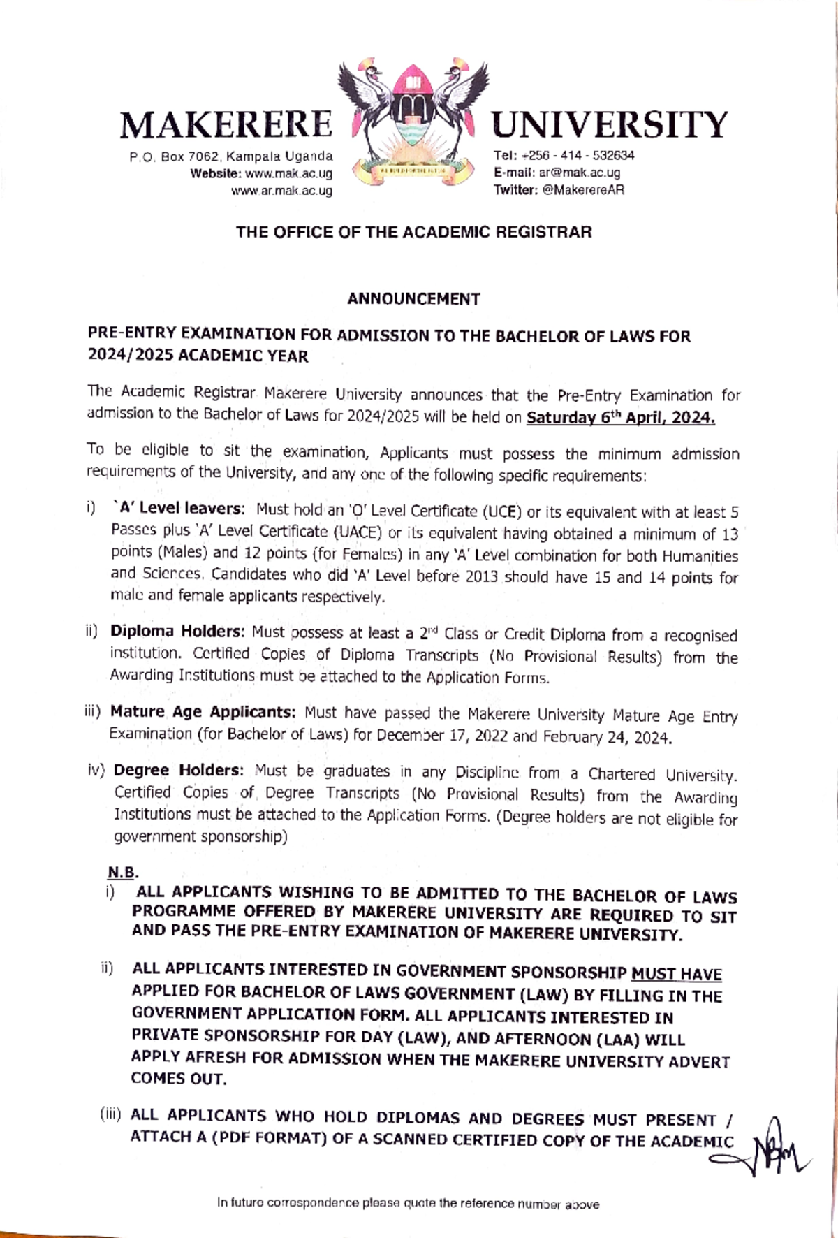 Advert Pre-Entry - 2024 - MAKERERE P. Box 7062, Kampala Uganda i) Website: mak.ac ar.mak.ac ...