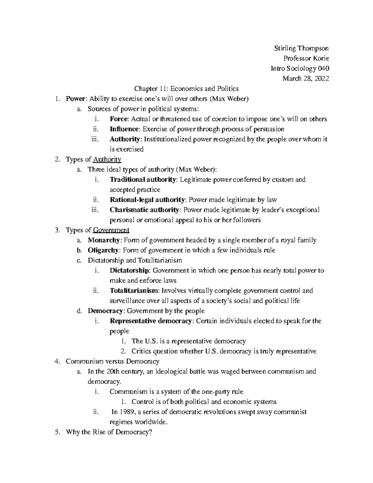 Chapter 11 Economics and Politics - Stirling Thompson Professor Korie ...