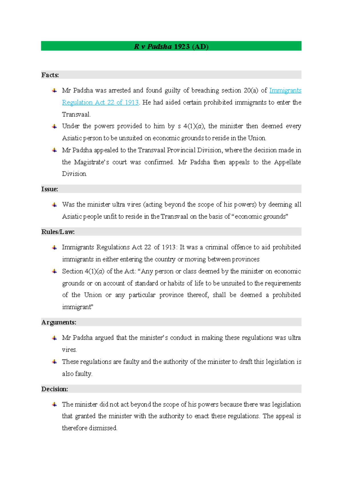 FSAL - Term 3 Case Summaries - R v Padsha 1923 (AD) Facts: Mr Padsha ...