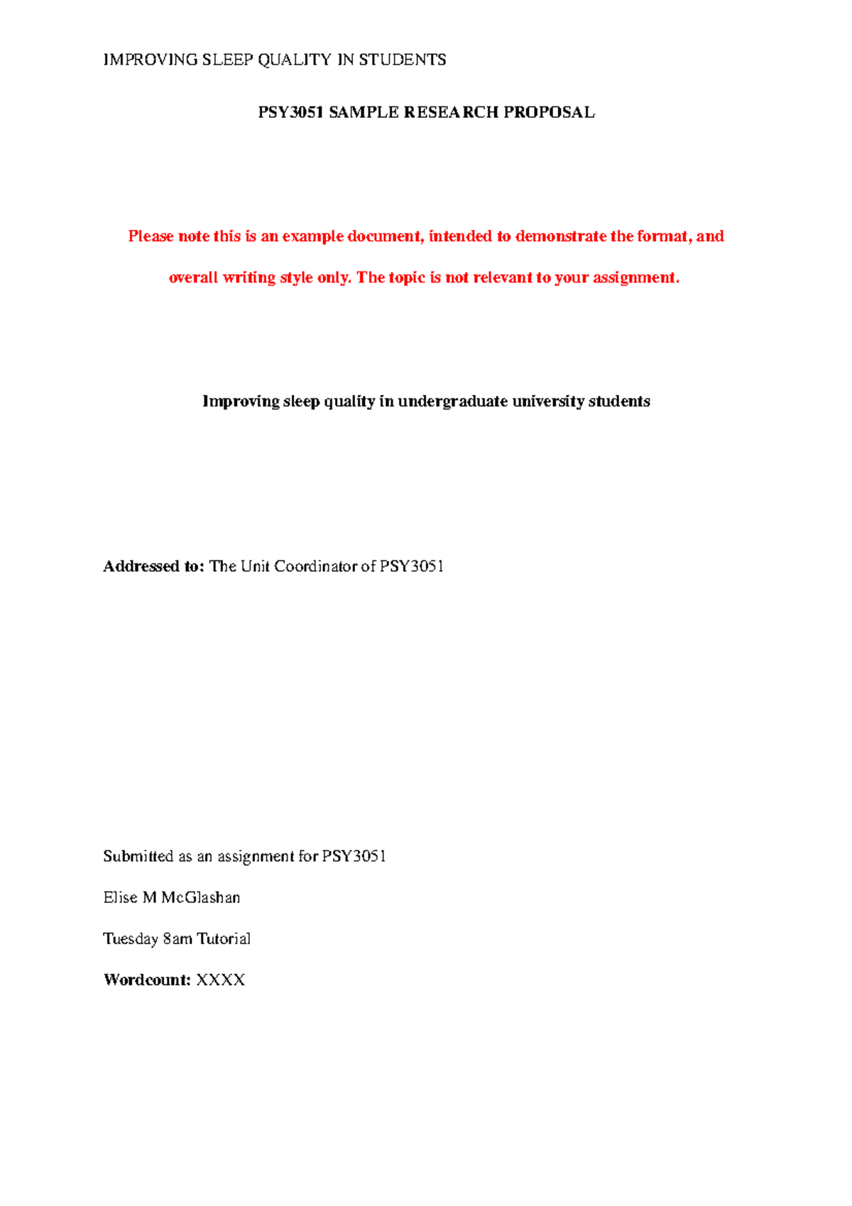 Sample Proposal - IMPROVING SLEEP QUALITY IN STUDENTS PSY3051 SAMPLE ...