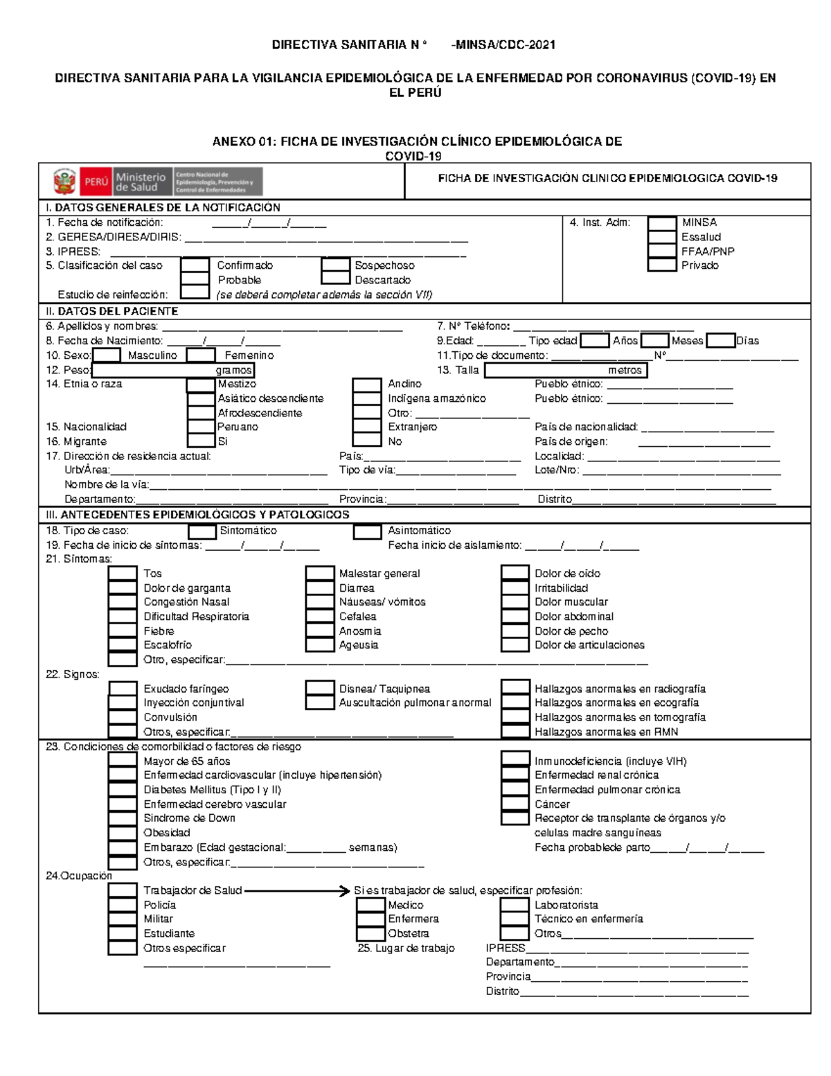 Ficha DE Investigacion CL NICO Epidemiologica DE Covid 19 - DIRECTIVA SANITARIA N ° -MINSA/CDC ...