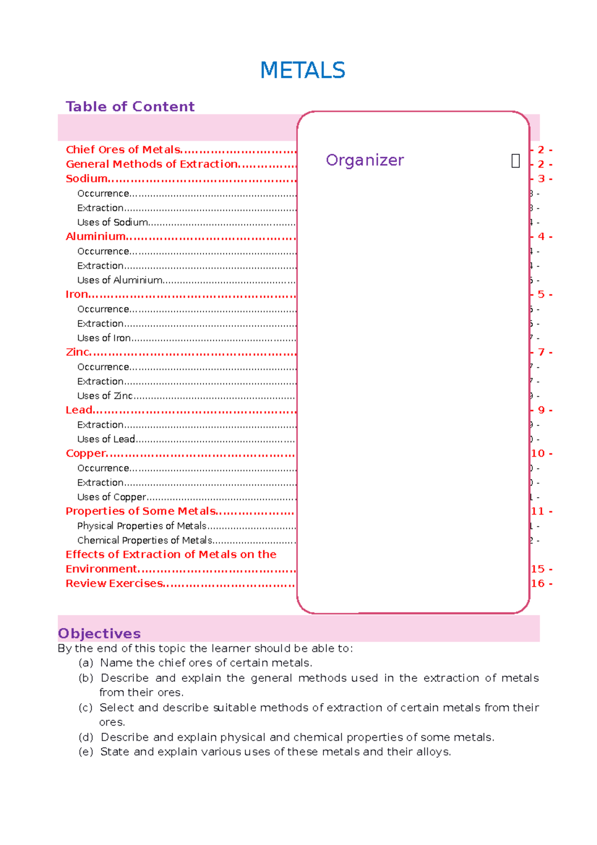 4.5 Metals-1 - Noted - METALS Table of Content Chief Ores of - Studocu