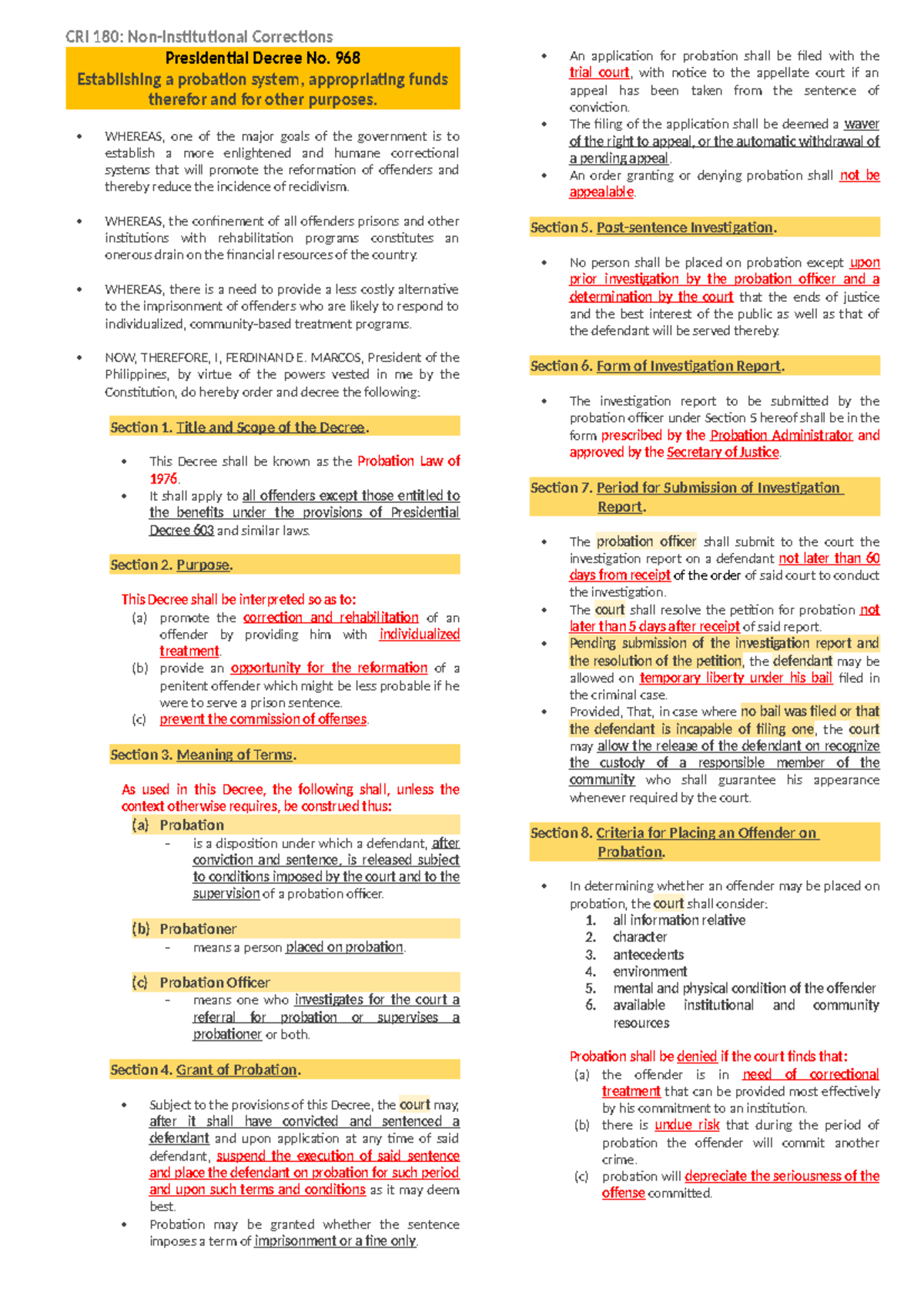 CRI 180 notes pd 603 - Presidential Decree No. 968 Establishing a ...