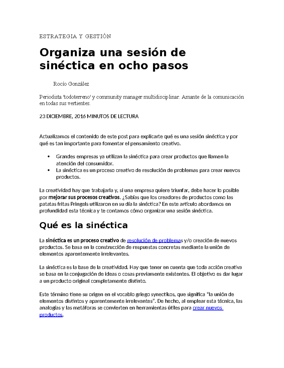 Sinéctica - ESTRATEGIA Y GESTIÓN Organiza una sesión de sinéctica en ...