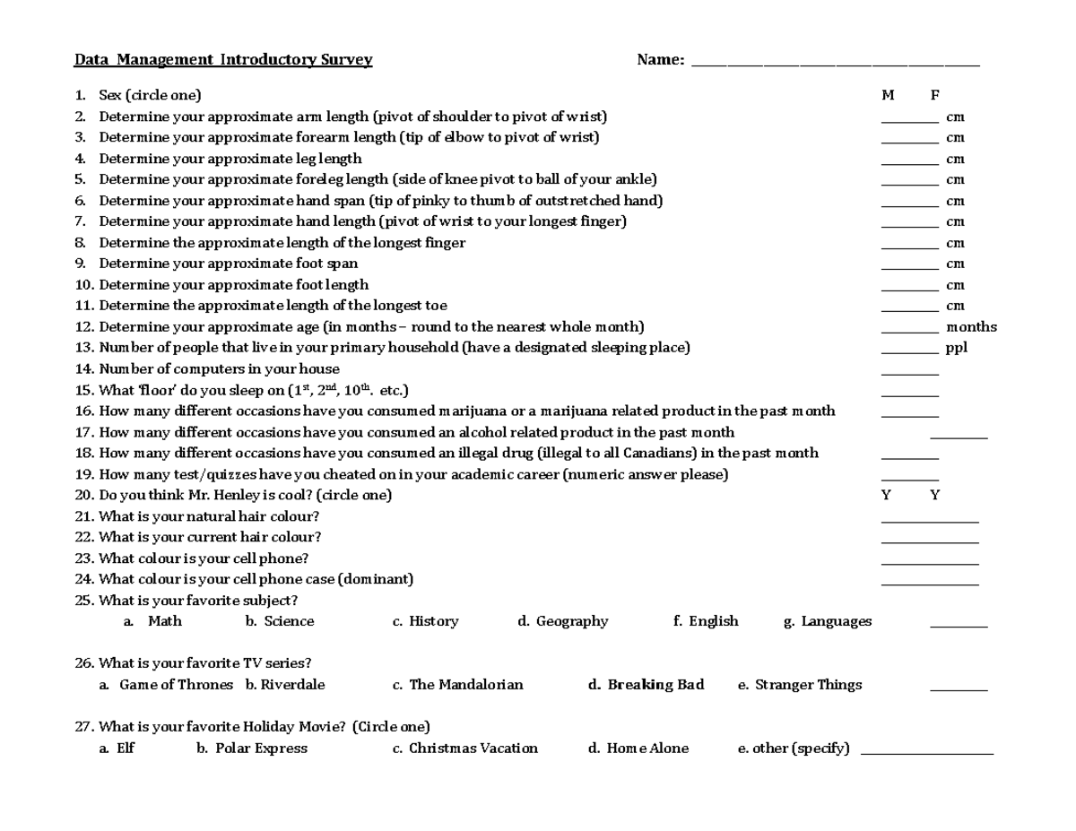 Data Management Review form Grade 12 - Data Management Introductory ...