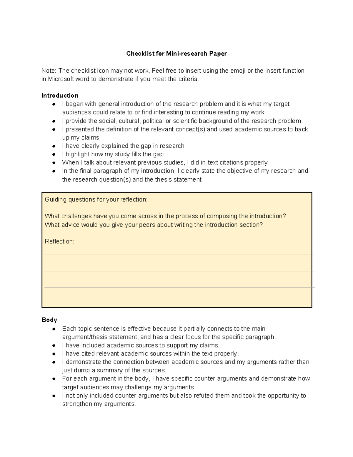 Checklist-Mini-research Paper - Checklist for Mini-research Paper Note ...