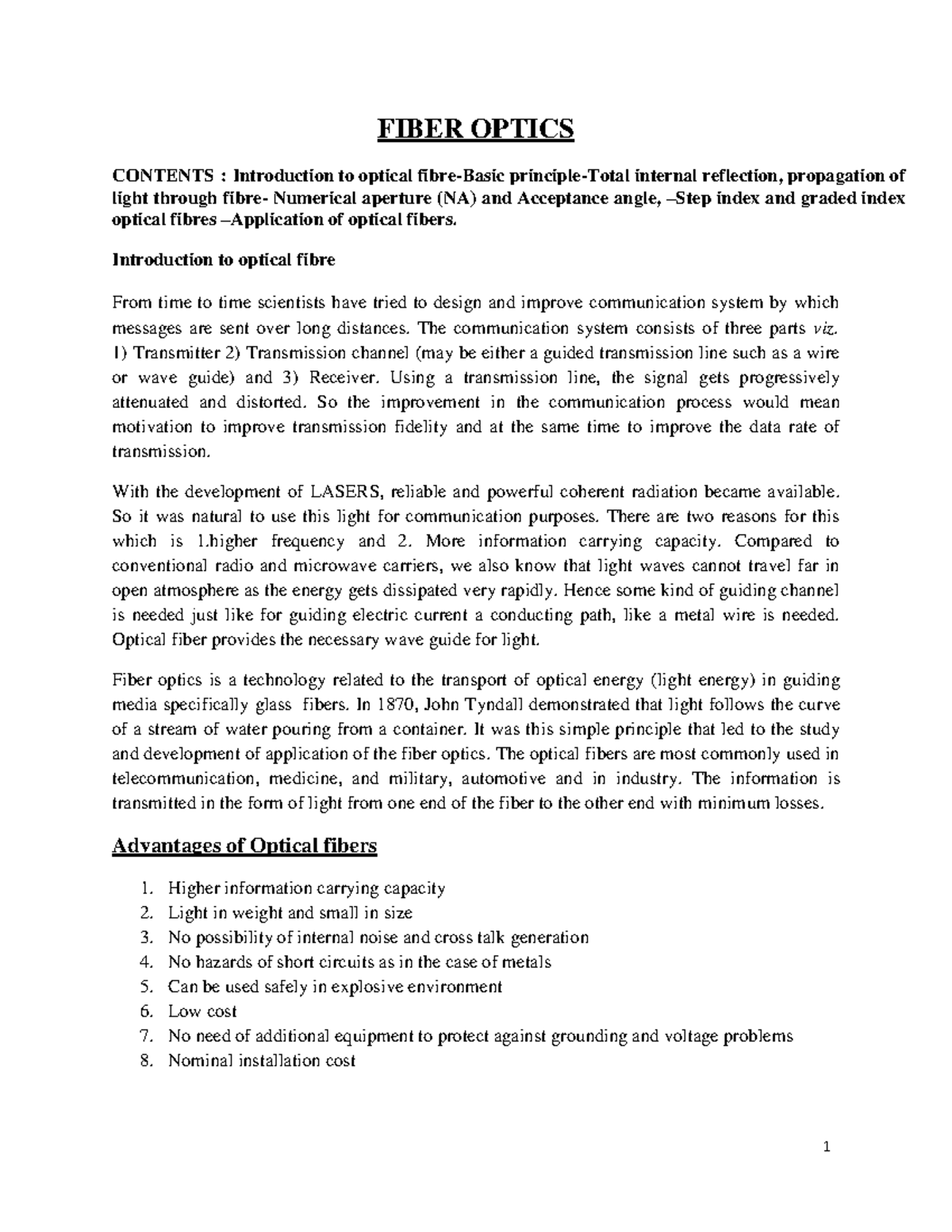 Unit 4.2 Fiber optics notes-1 - FIBER OPTICS CONTENTS : Introduction to ...