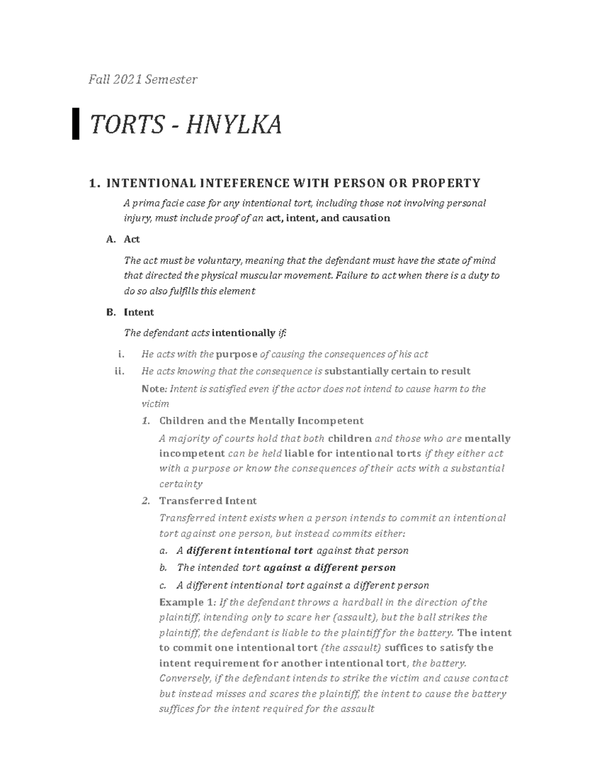 Torts Outline - Final - Fall 2021 Semester TORTS - HNYLKA 1 ...