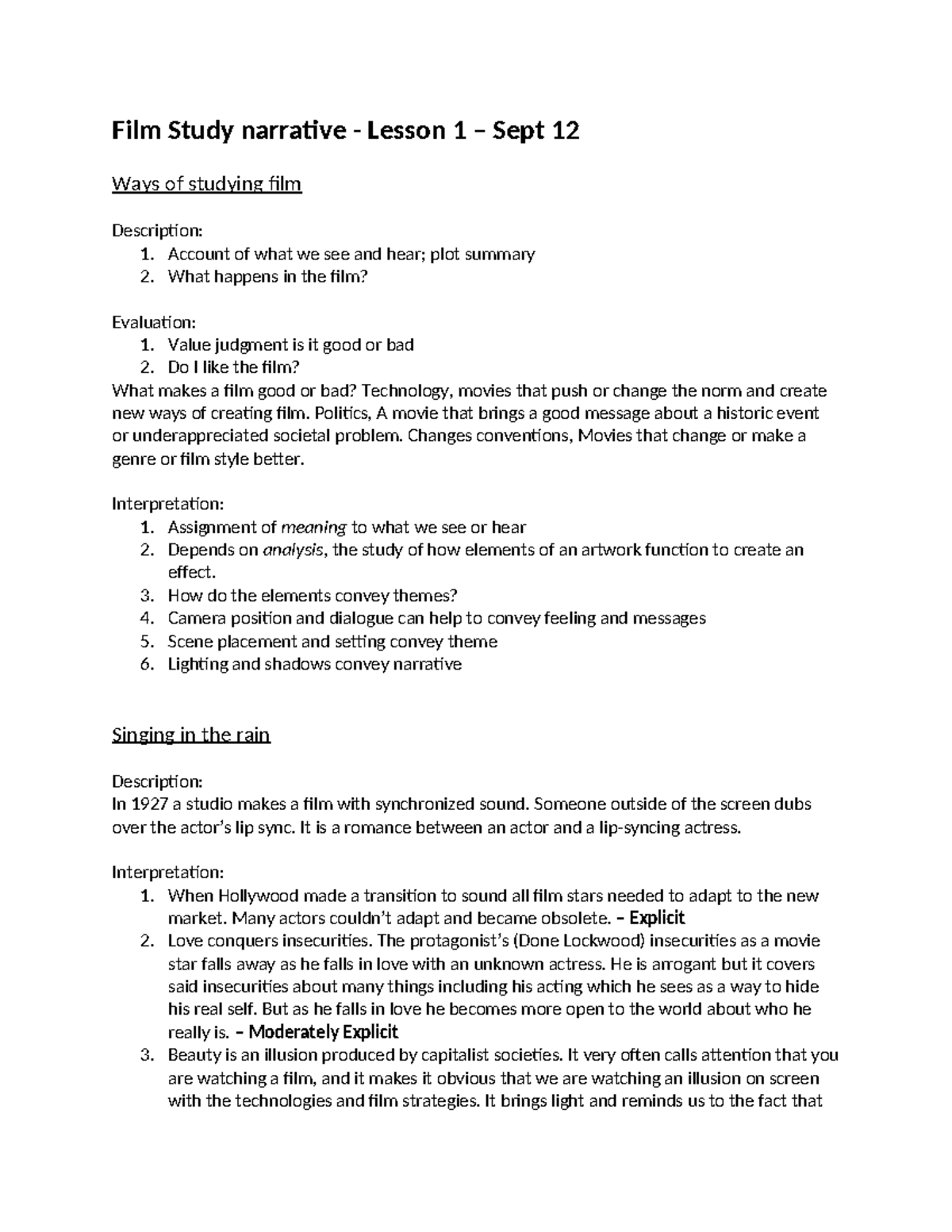 Film Study lesson 1 - lecture 1 - Film Study narrative - Lesson 1 ...