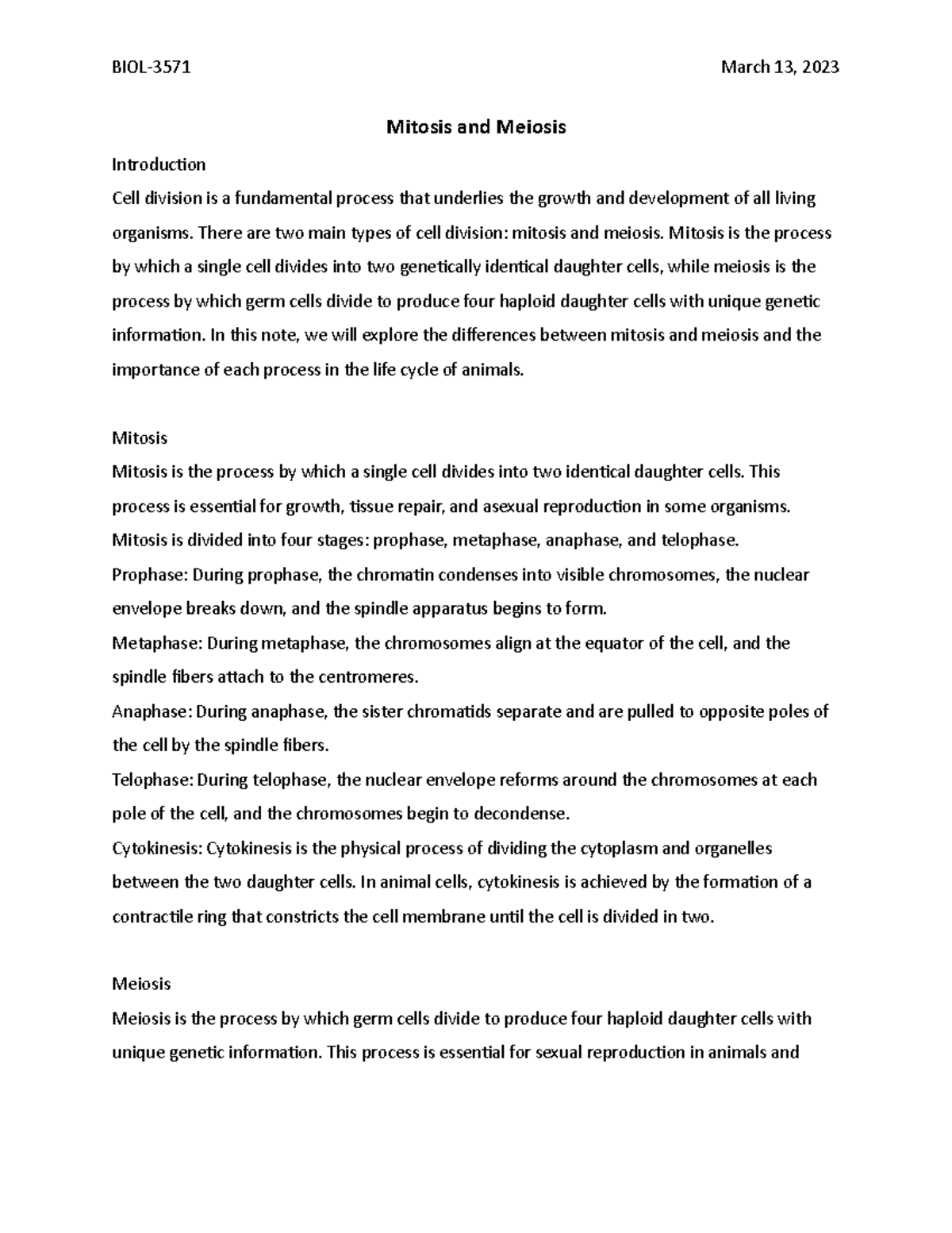 Mitosis and meiosis - BIOL-3571 March 13, 2023 Mitosis and Meiosis ...