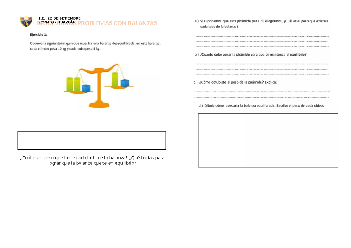 Resolvamos Problemas CON Balanzas - Matemática I - RESOLVAMOS PROBLEMAS ...