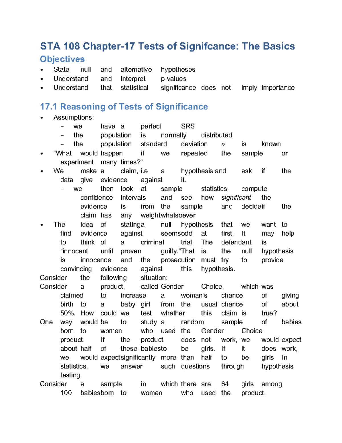 STA 108 Chapter-17-Notes - STA 108 Chapter-17 Tests of Signifcance: The ...