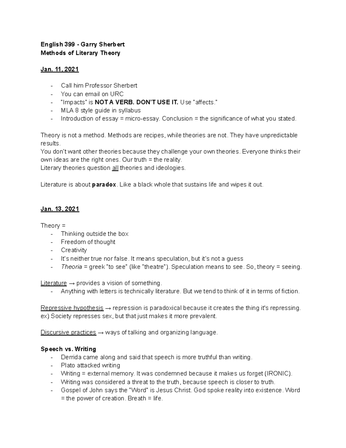 English 399 - Notes - English 399 - Garry Sherbert Methods of Literary ...