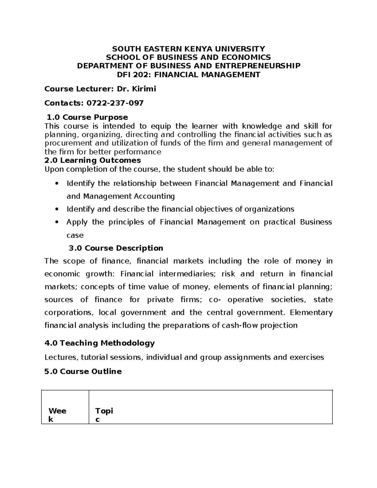 DFI 202 Course Outline SEKU - SOUTH EASTERN KENYA UNIVERSITY SCHOOL OF ...
